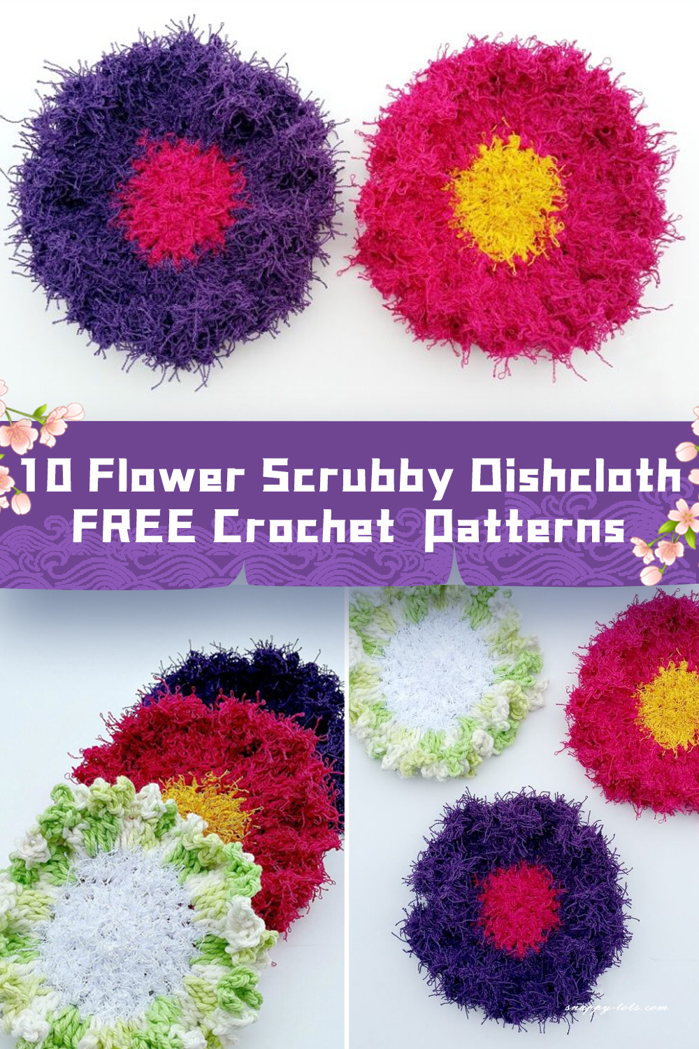 10 Flower Scrubby Dishcloth Crochet Patterns - FREE - iGOODideas.com
